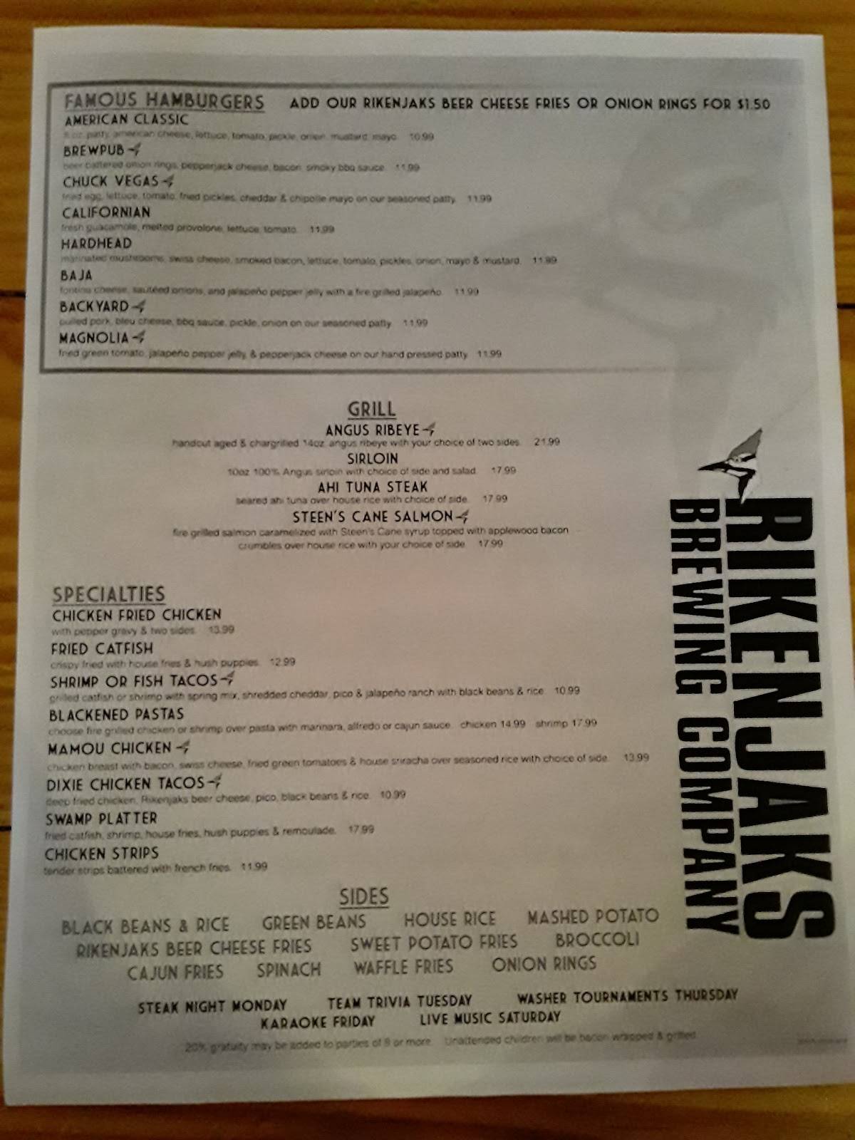 Menu at Rikenjaks Brewing Company pub & bar, Vidor