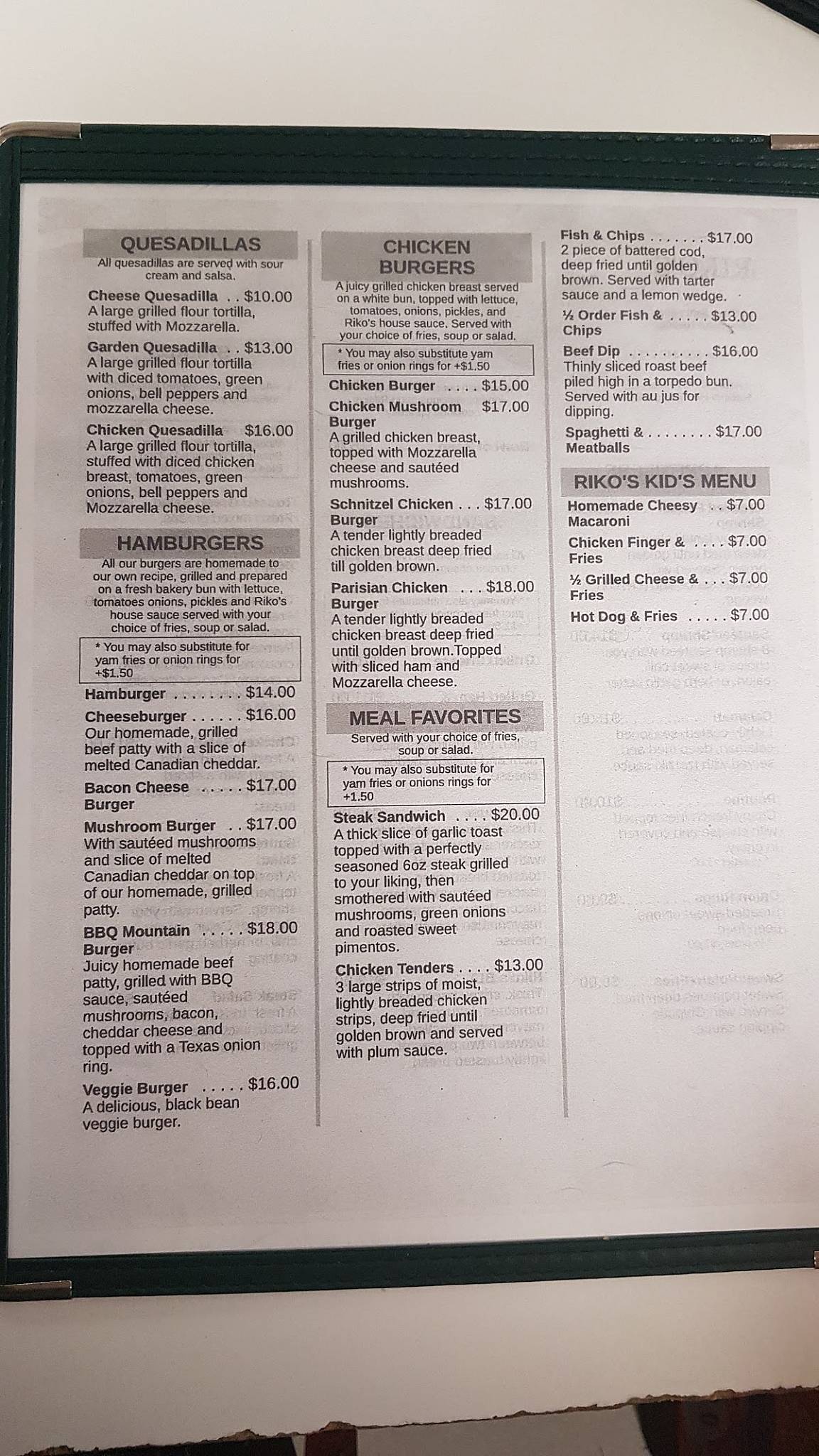 Menu at Riko's Radium Family Restaurant, Radium Hot Springs