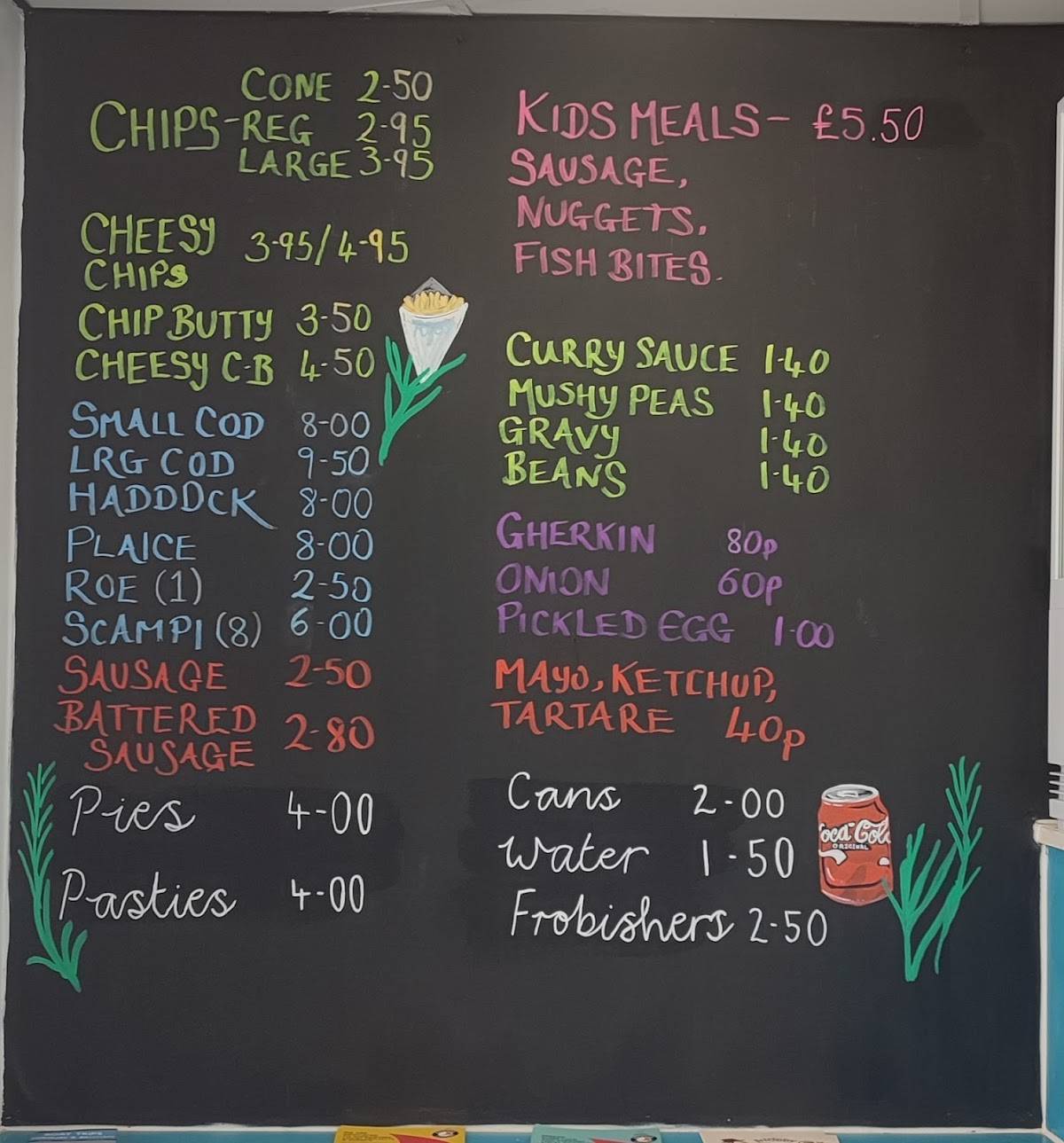 Menu at Rio's Fish & Chips restaurant, Brixham