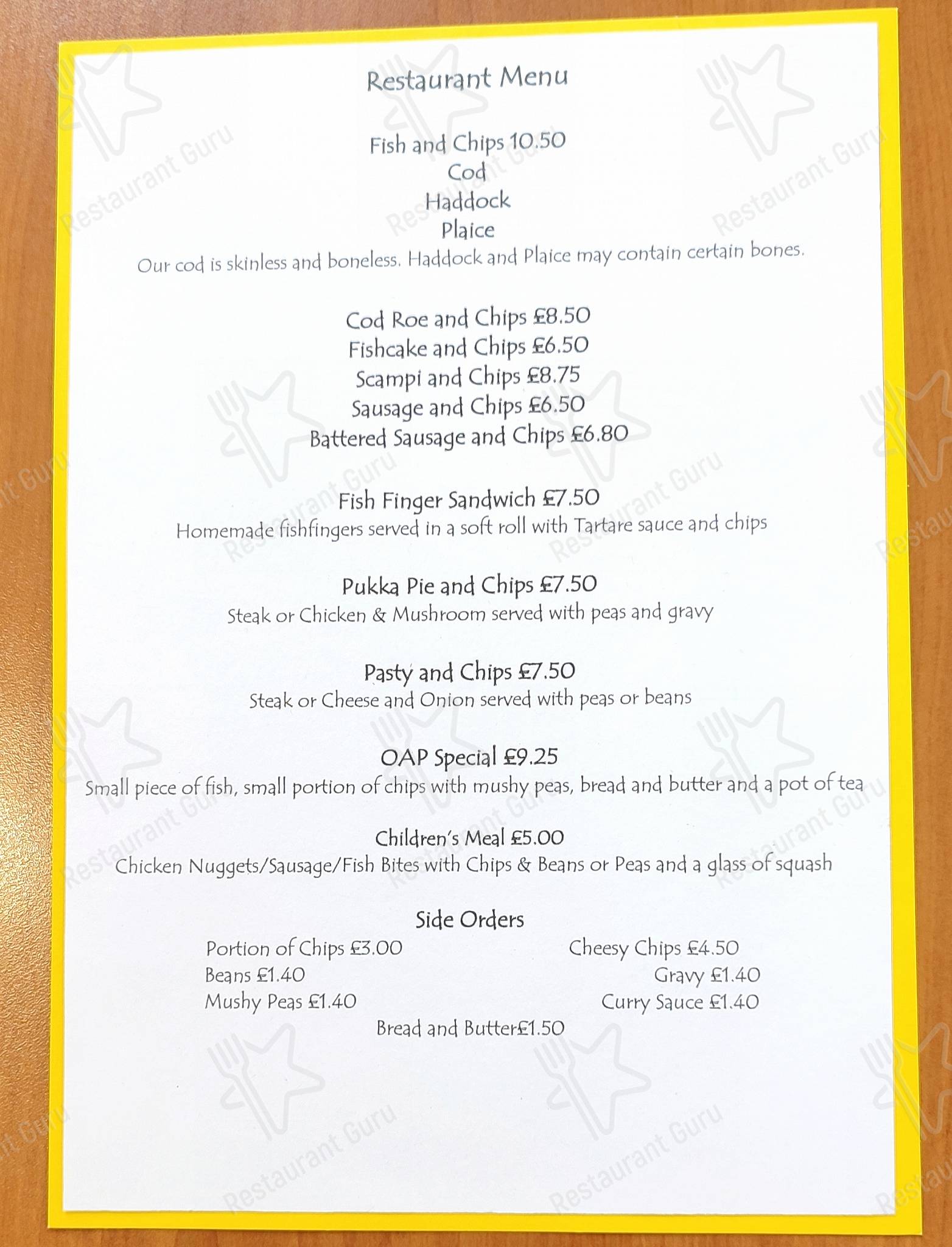 Menu at Rio's Fish & Chips restaurant, Brixham