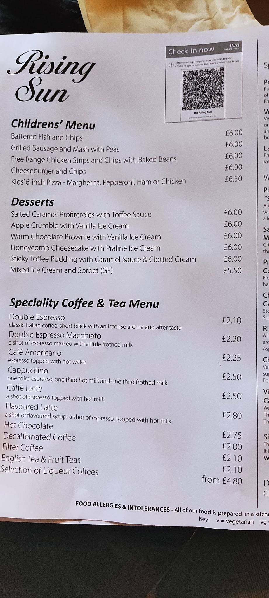 Menu at Rising Sun Coltishall pub & bar, Norwich
