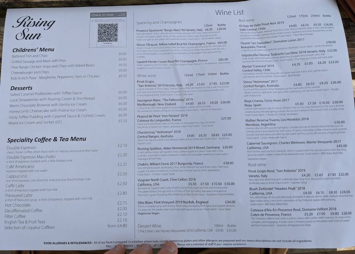 Menu at Rising Sun Coltishall pub & bar, Norwich