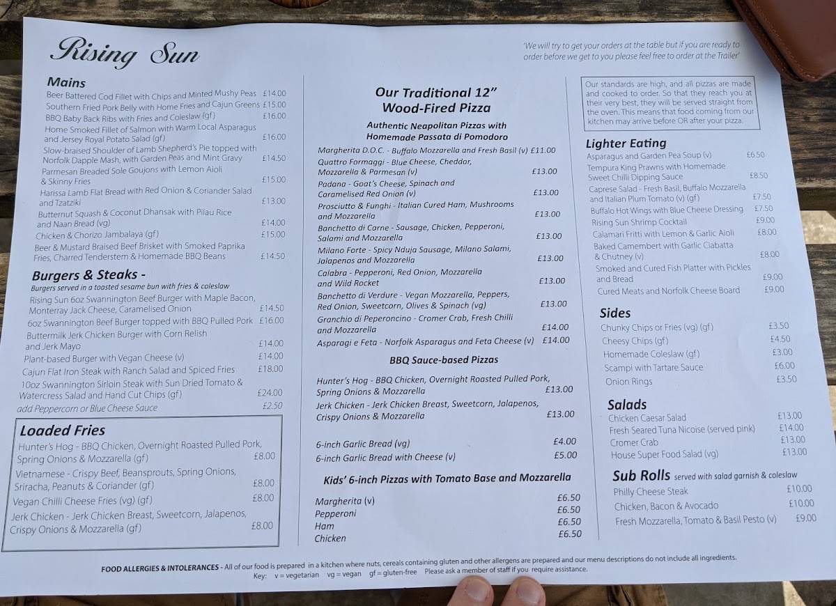 Menu at Rising Sun Coltishall pub & bar, Norwich