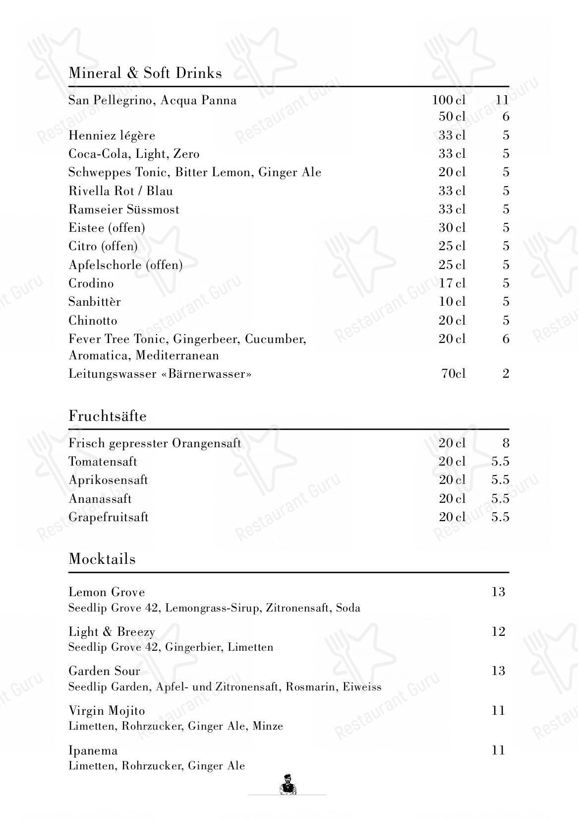Menu at Ristorante Bianchi, Zürich