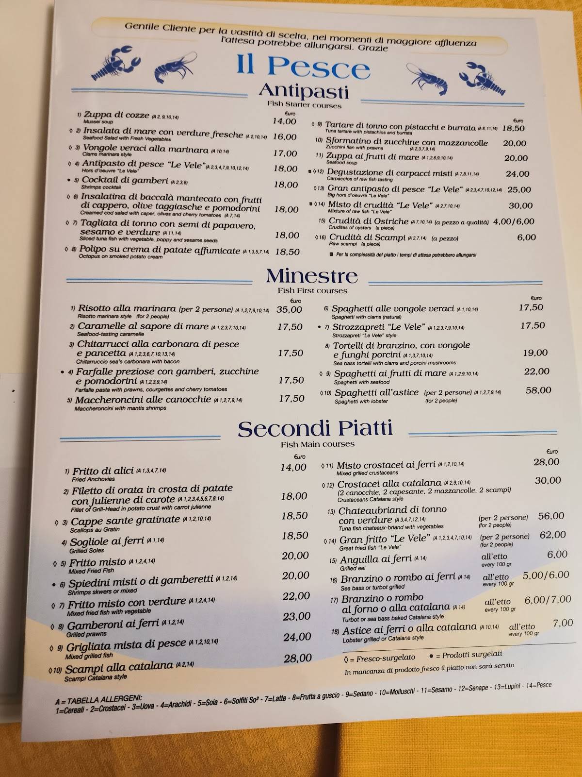 Menu da RISTORANTE LE VELE, Lido di Spina