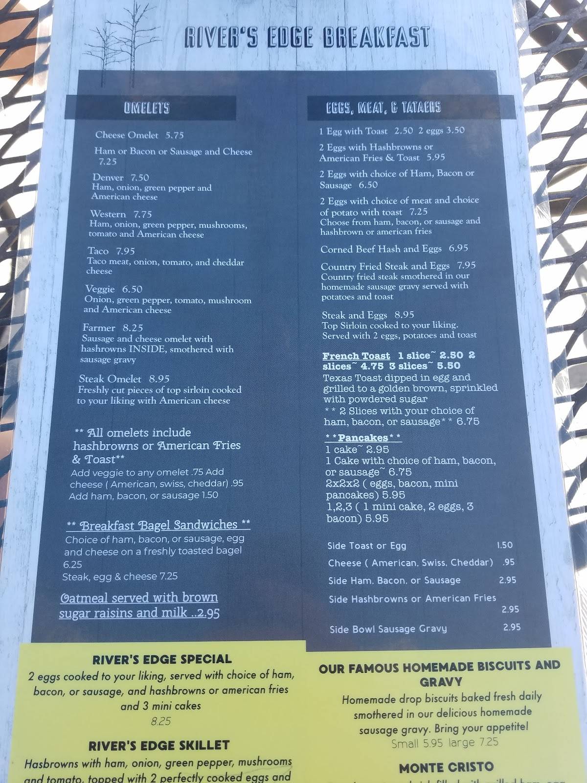 Menu at River's Edge Inn restaurant, Dixon