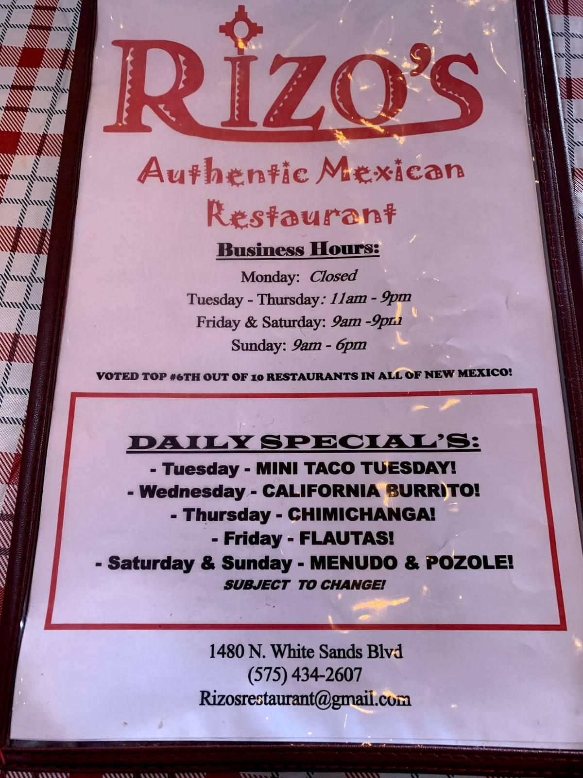 Menu at Rizo's Restaurant, Alamogordo