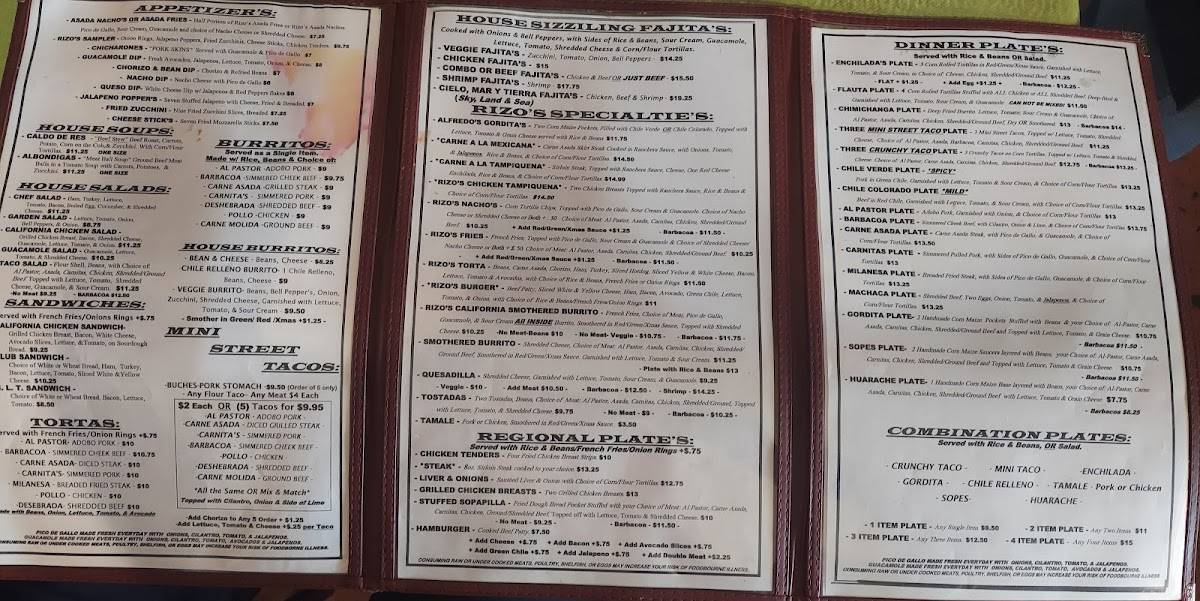Menu at Rizo's Restaurant, Alamogordo