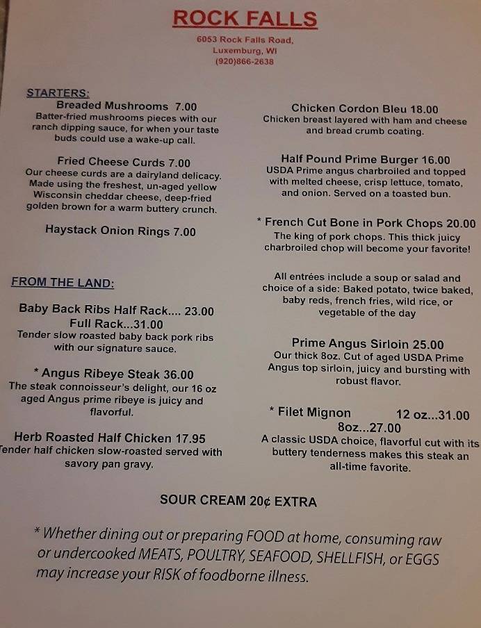 Menu at Rock Falls restaurant, Dyckesville