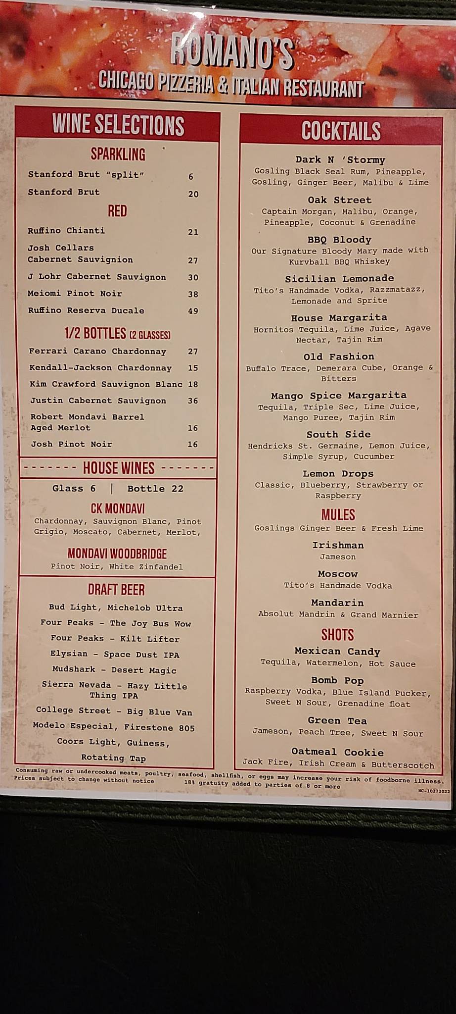 Menu at Romano's Chicago Pizzeria, Lake Havasu City