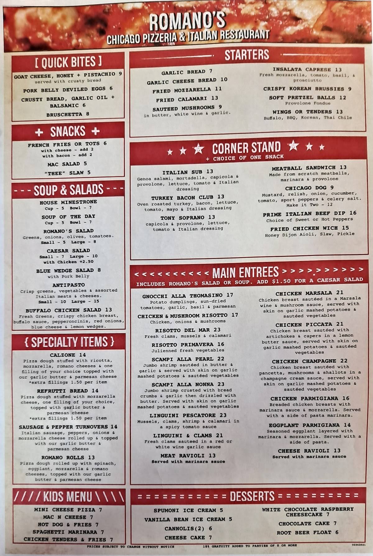 Menu at Romano's Chicago Pizzeria, Lake Havasu City