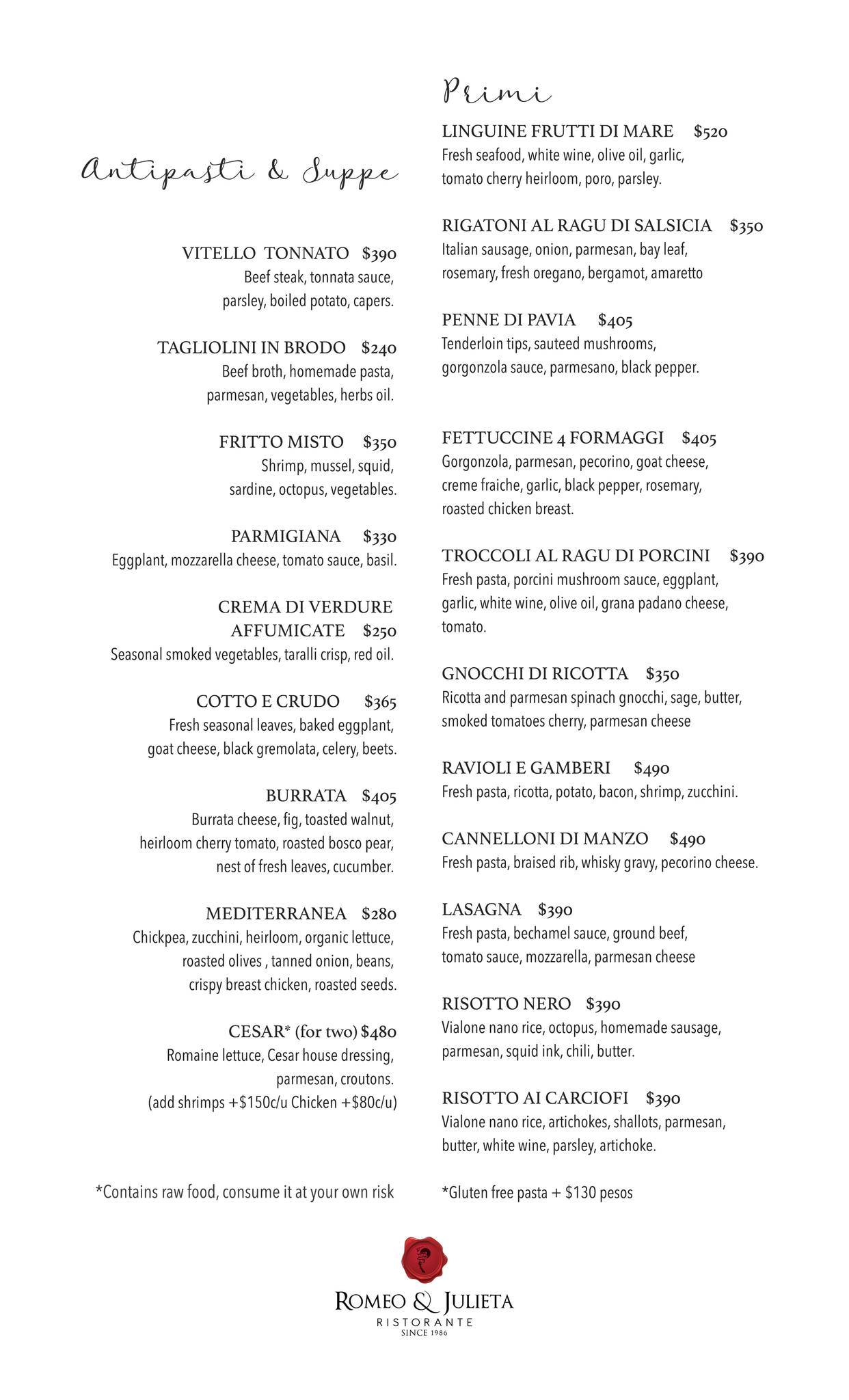 Menu at Romeo & Julieta pizzeria, Cabo San Lucas