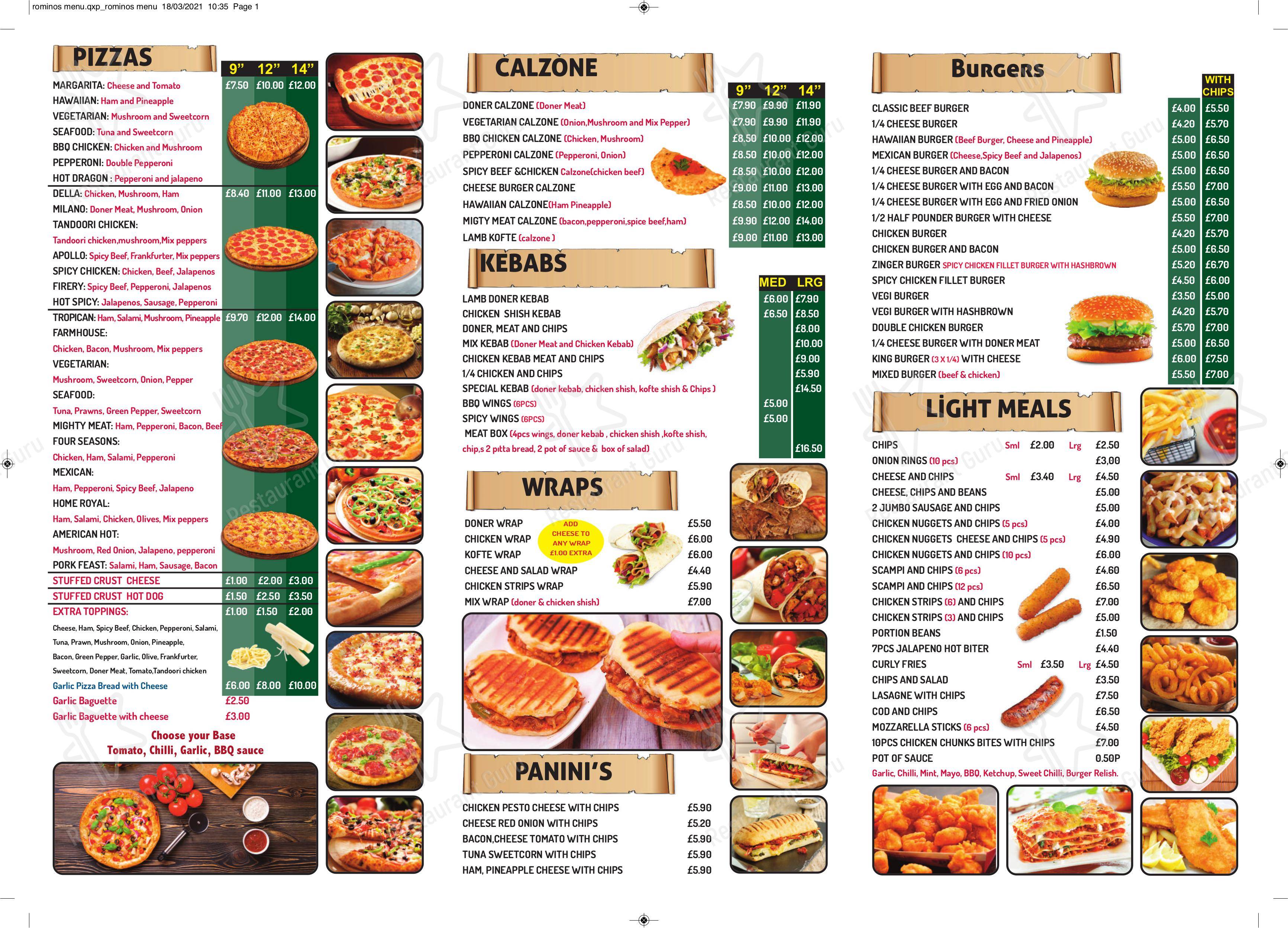 Menu at Romino's Cafe, Llanybydder
