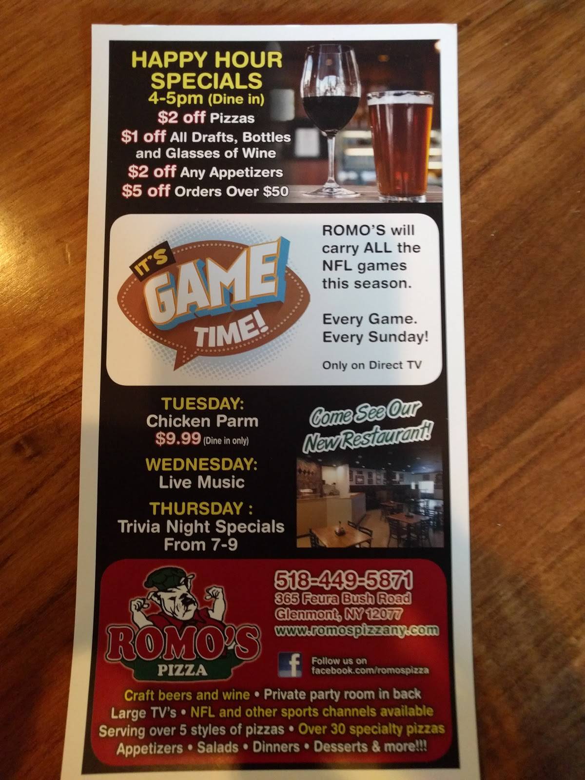 Menu at Romo's Pizza pizzeria, Glenmont