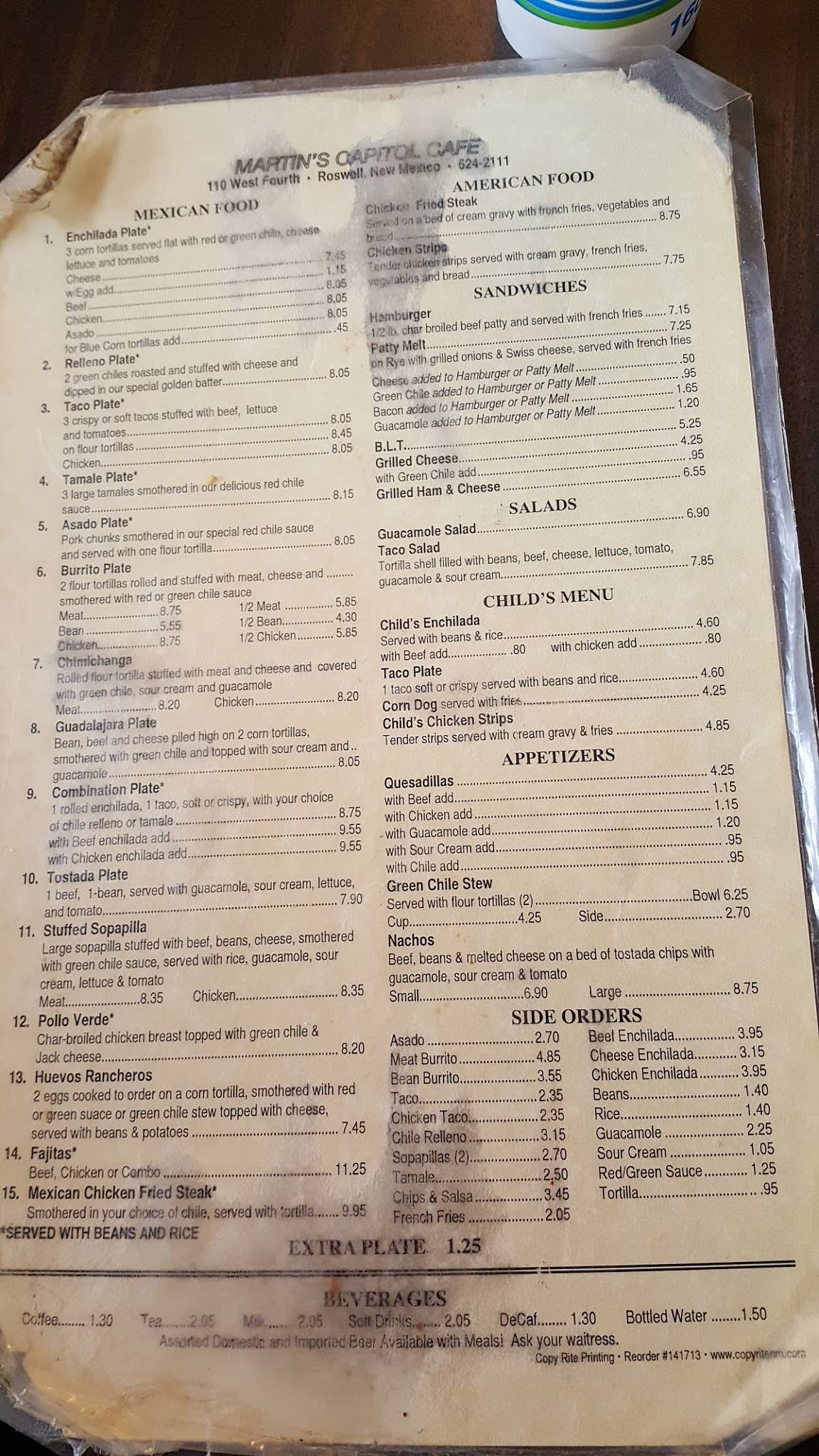 Menu at Martin's Capitol Cafe, Roswell