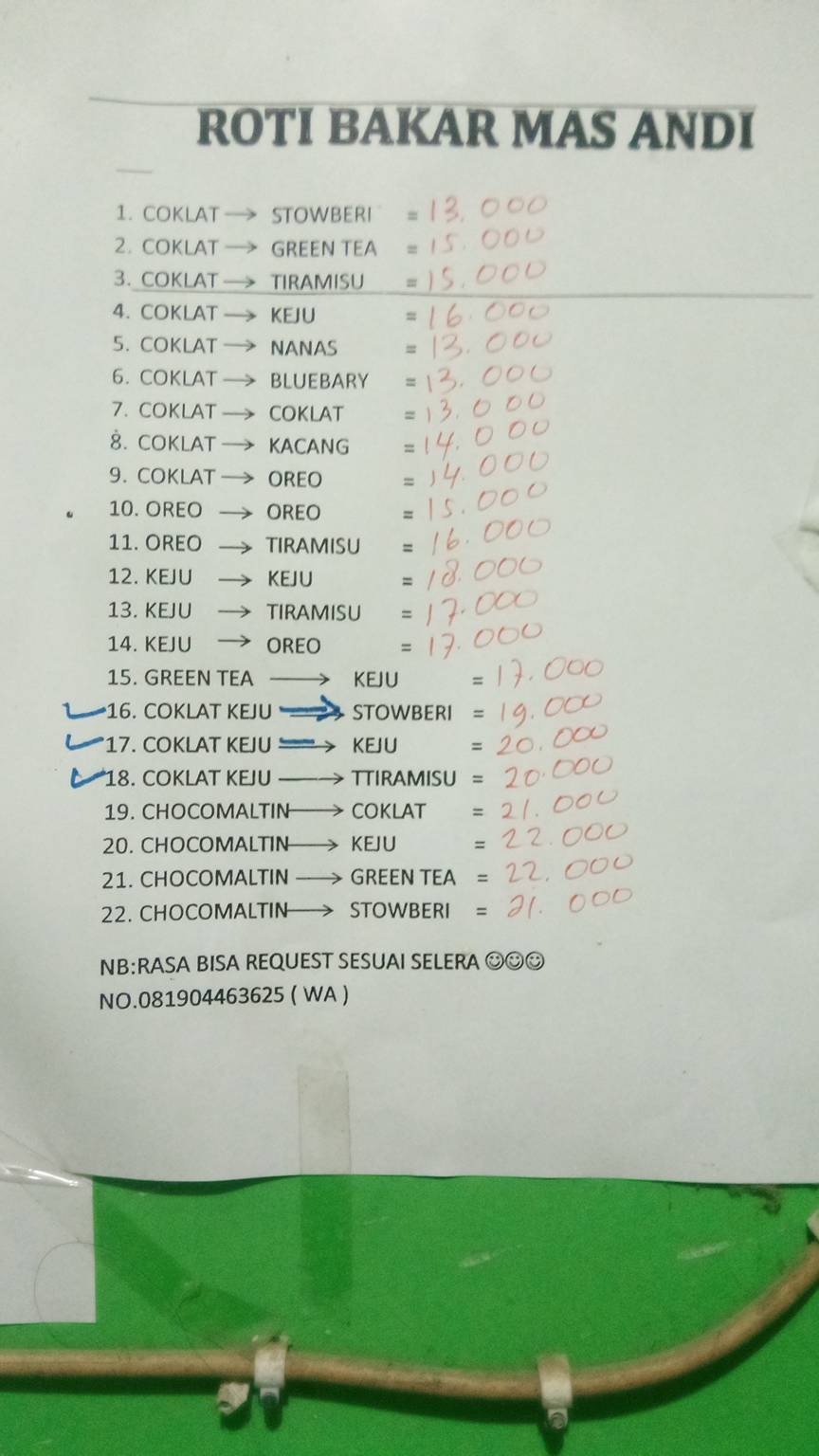 Menu at Roti bakar andi restaurant, Semarang