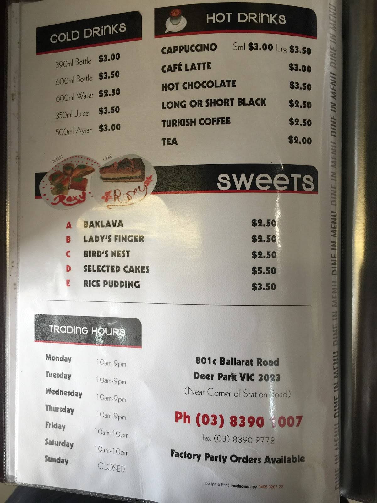 Menu at Roxy Kebab Deer Park fast food, Deer Park