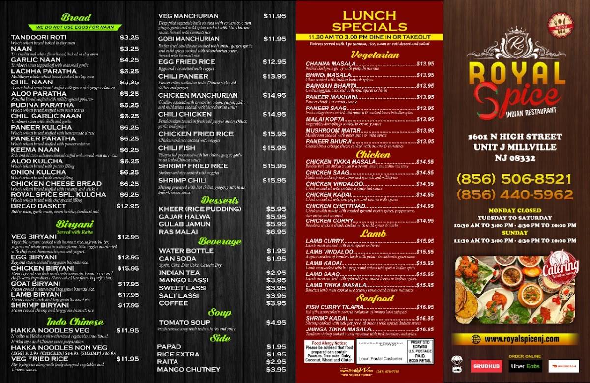 Menu at Royal Spice Indian Restaurant, Millville