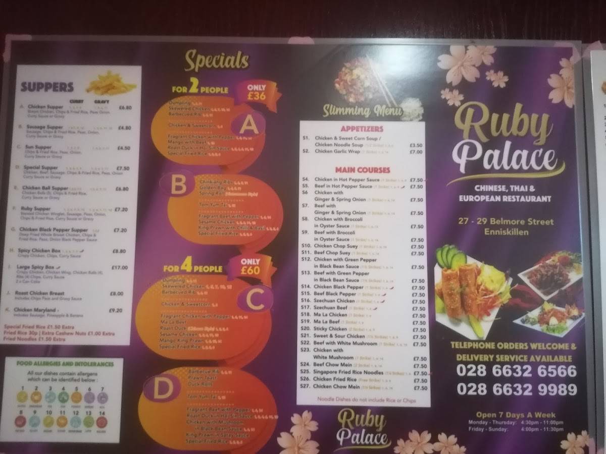 Menu at Ruby Palace restaurant, Enniskillen
