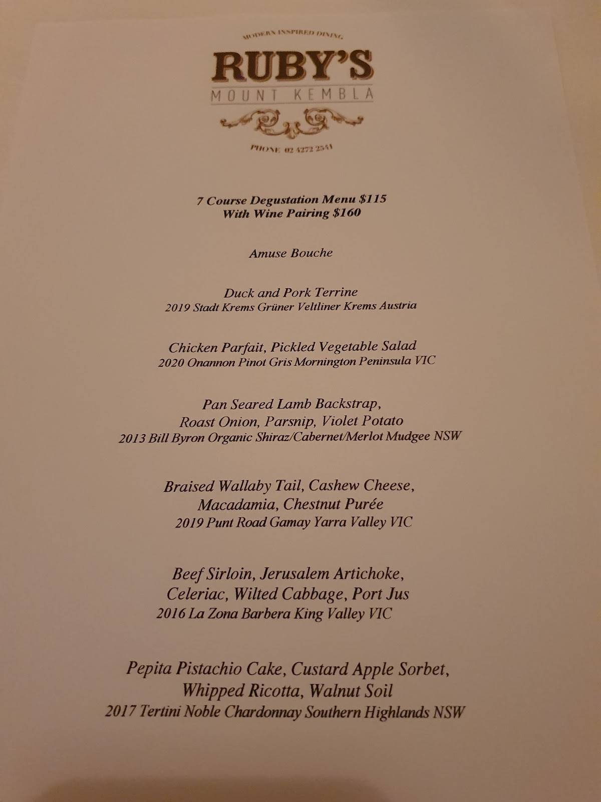 Carta de Ruby's Mount Kembla Restaurant, Kembla Heights