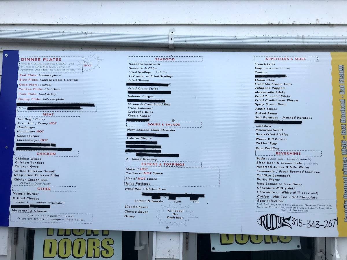 Menu at Rudy's Lakeside Drive-In restaurant, Oswego, 78 Co Rte 89
