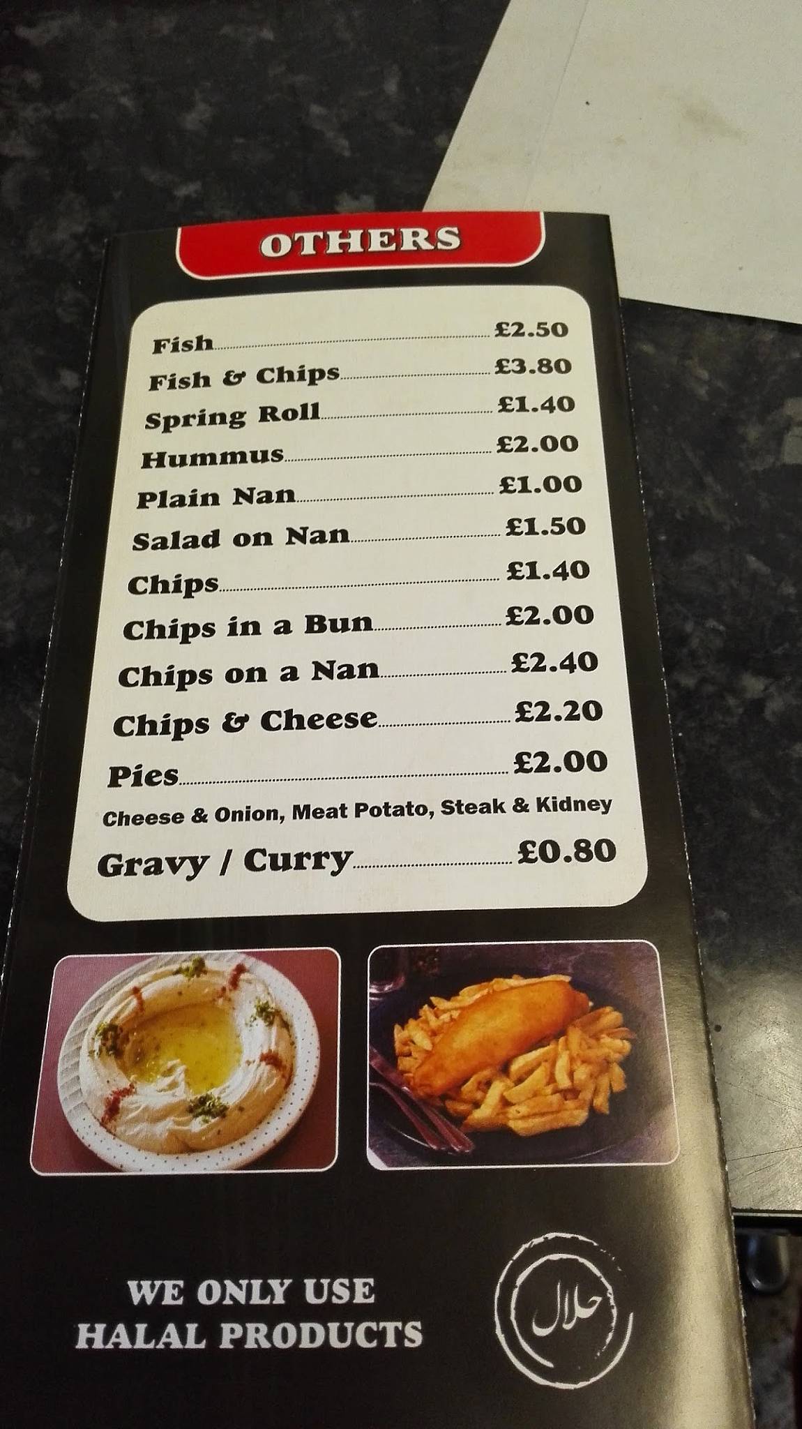 Menu at Rusholme Chippy fast food, Manchester, 62 Wilmslow Rd