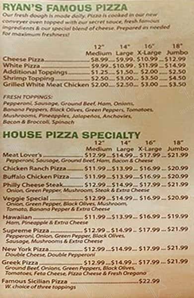 Menu at Ryan's Famous Pizza & Subs pizzeria, Beaufort
