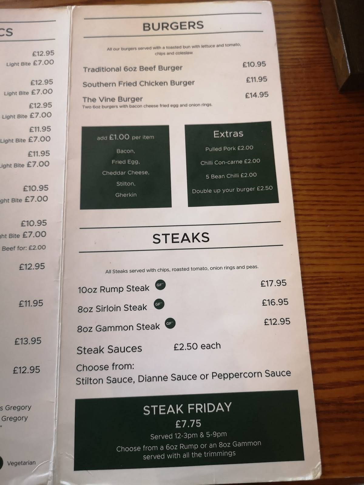 Menu at The Vine Inn pub & bar, Ryde