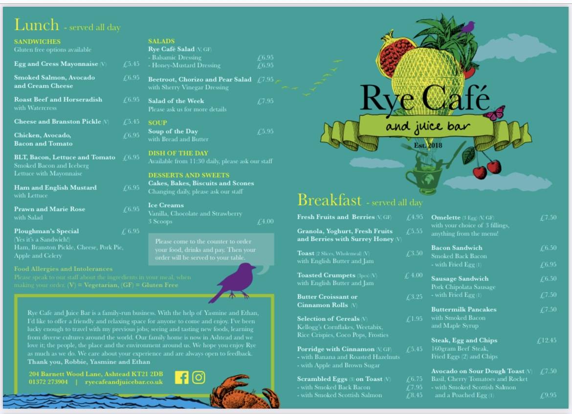 Menu at Rye Cafe and Juice Bar, Ashtead