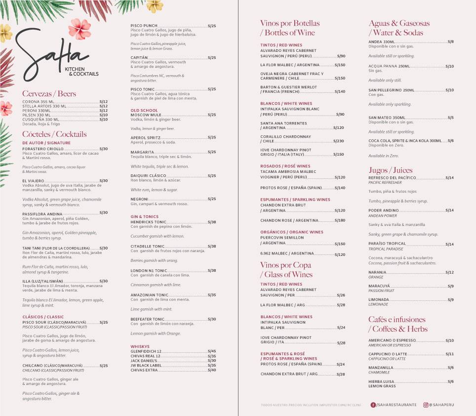 Carta del restaurante Saha Peruvian Kitchen, Miraflores