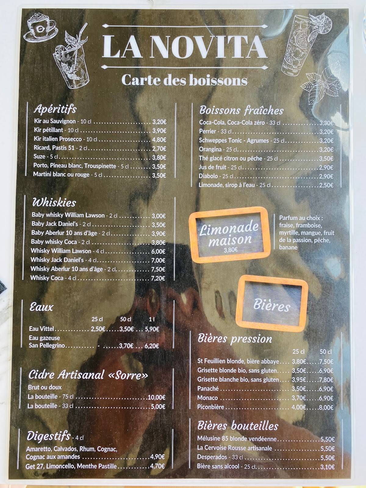 Menu au La Novità restaurant, Saint-Gilles-Croix-de-Vie