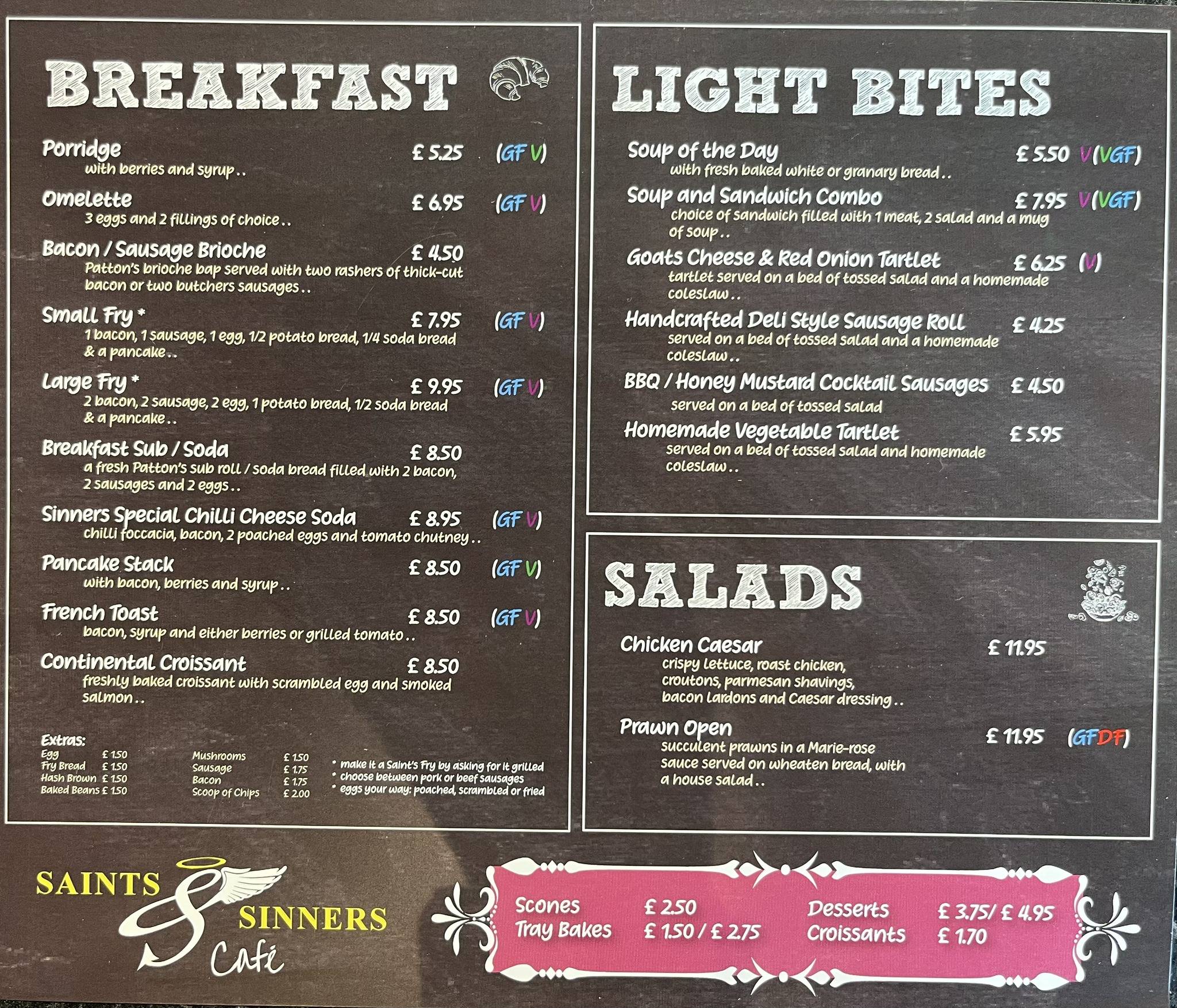 Menu at Saints N Sinners cafe, Donaghadee