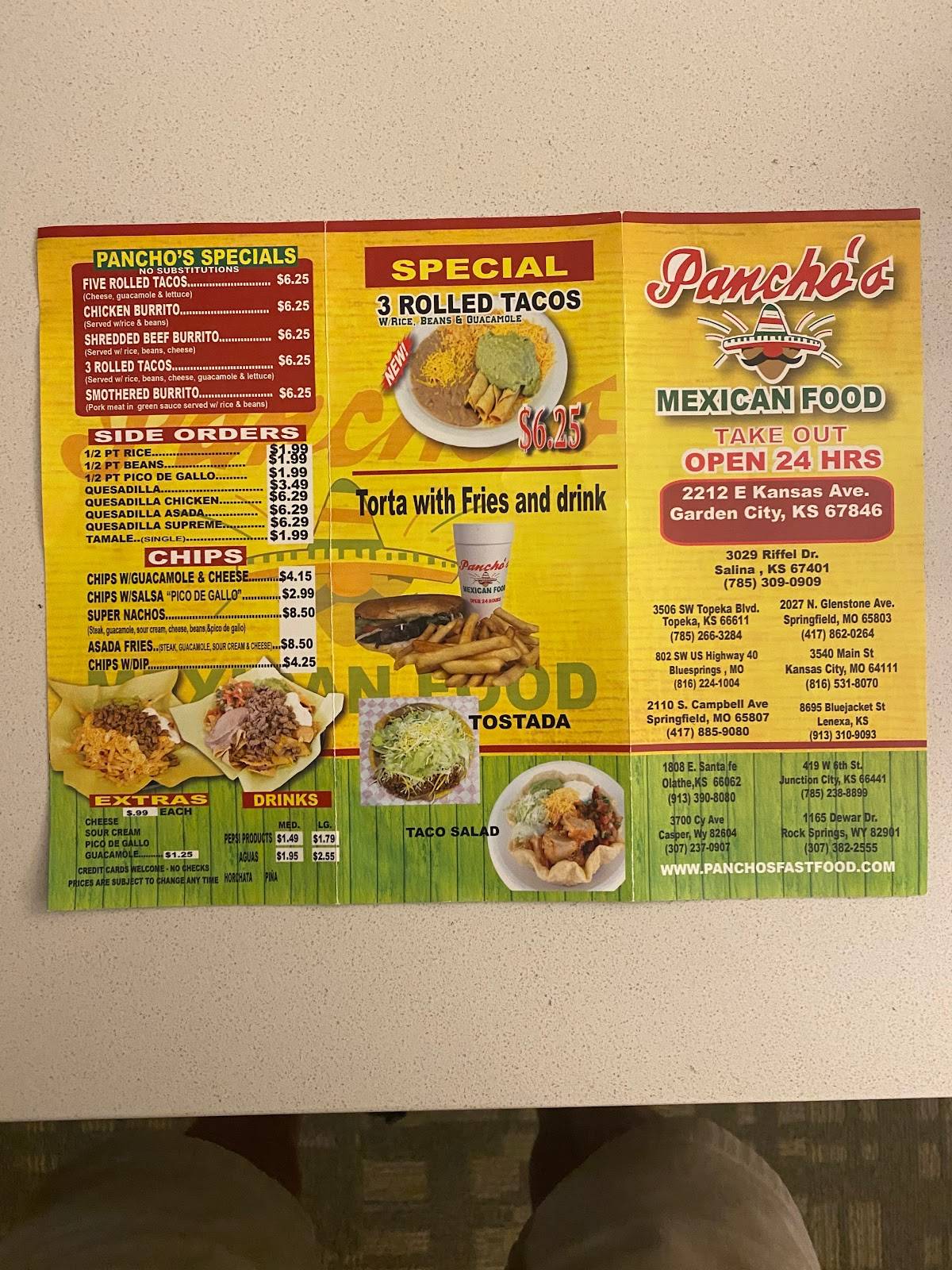 Menu at Pancho's Mexican Food restaurant, Salina