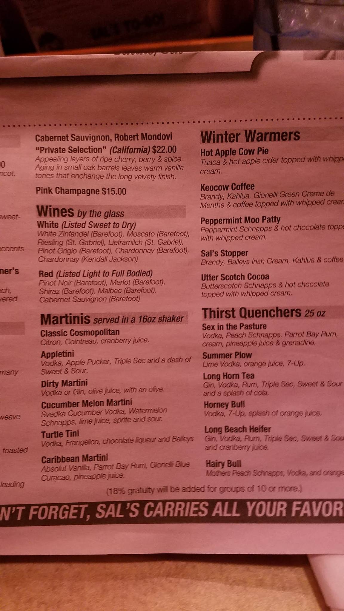 Menu at Sal's Angus Grill pub & bar, Grant
