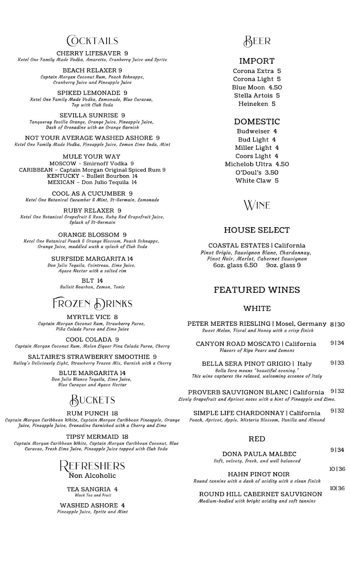 Menu at Saltaire Kitchen and Bar, Surfside Beach