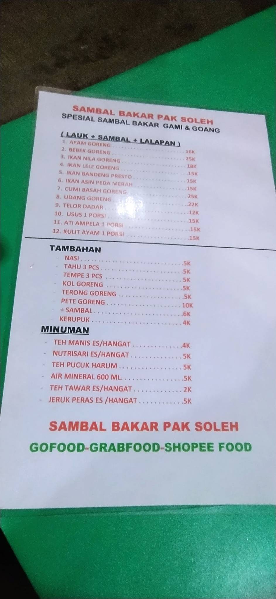 Menu at Sambal bakar pak soleh Jatimurni, bekasi restaurant, Bekasi Regency