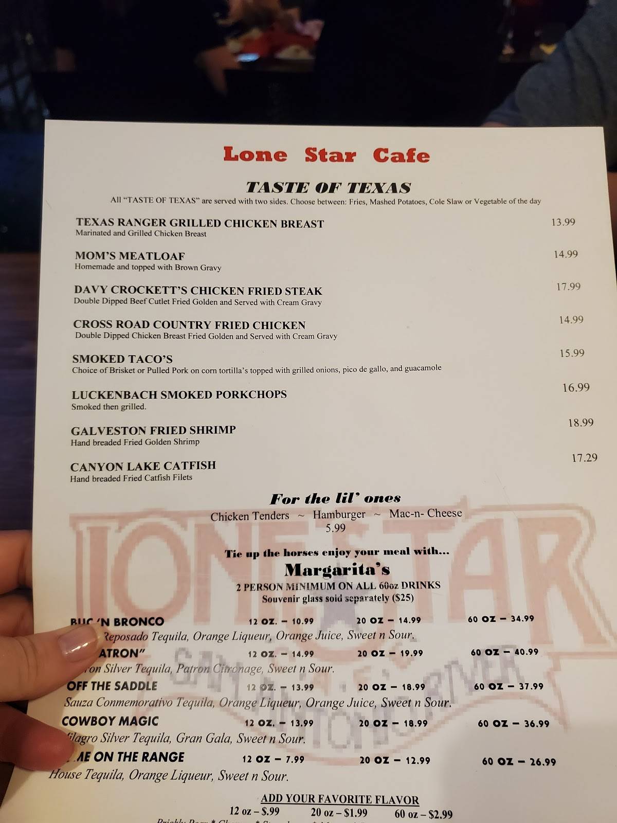 Menu at Lone Star Cafe, San Antonio, 237 Losoya St