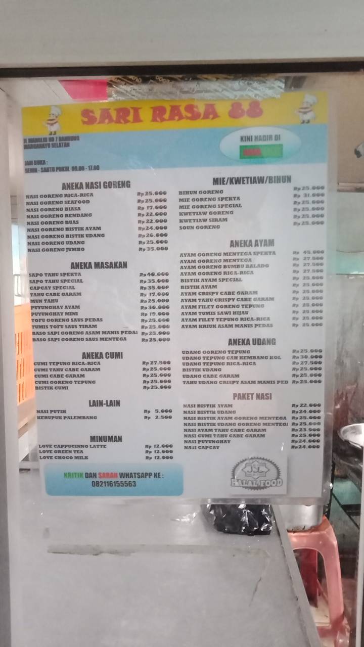 Menu at Sari Rasa 88 restaurant, Bandung