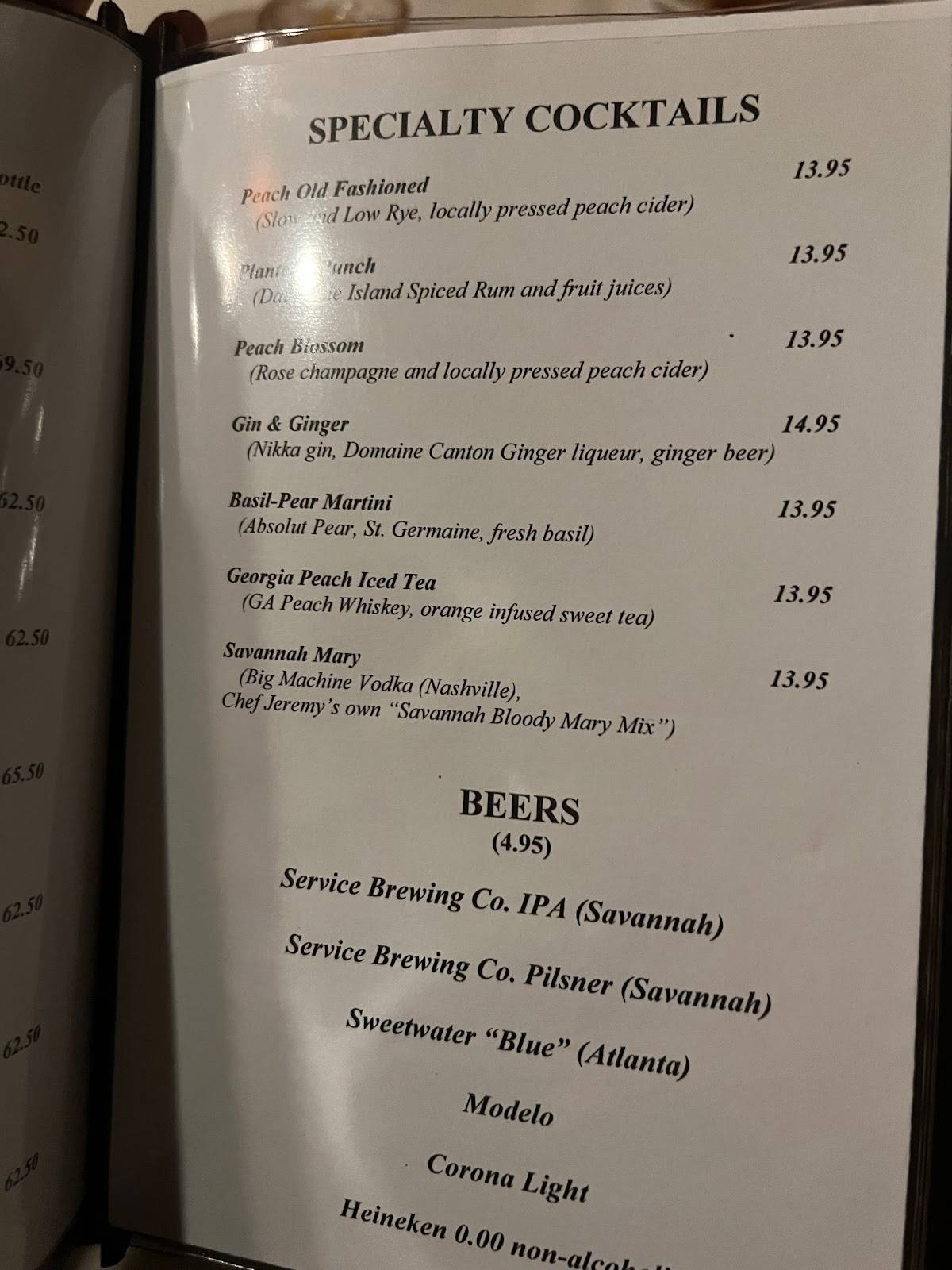 Menu at Elizabeth's on 37th restaurant, Savannah