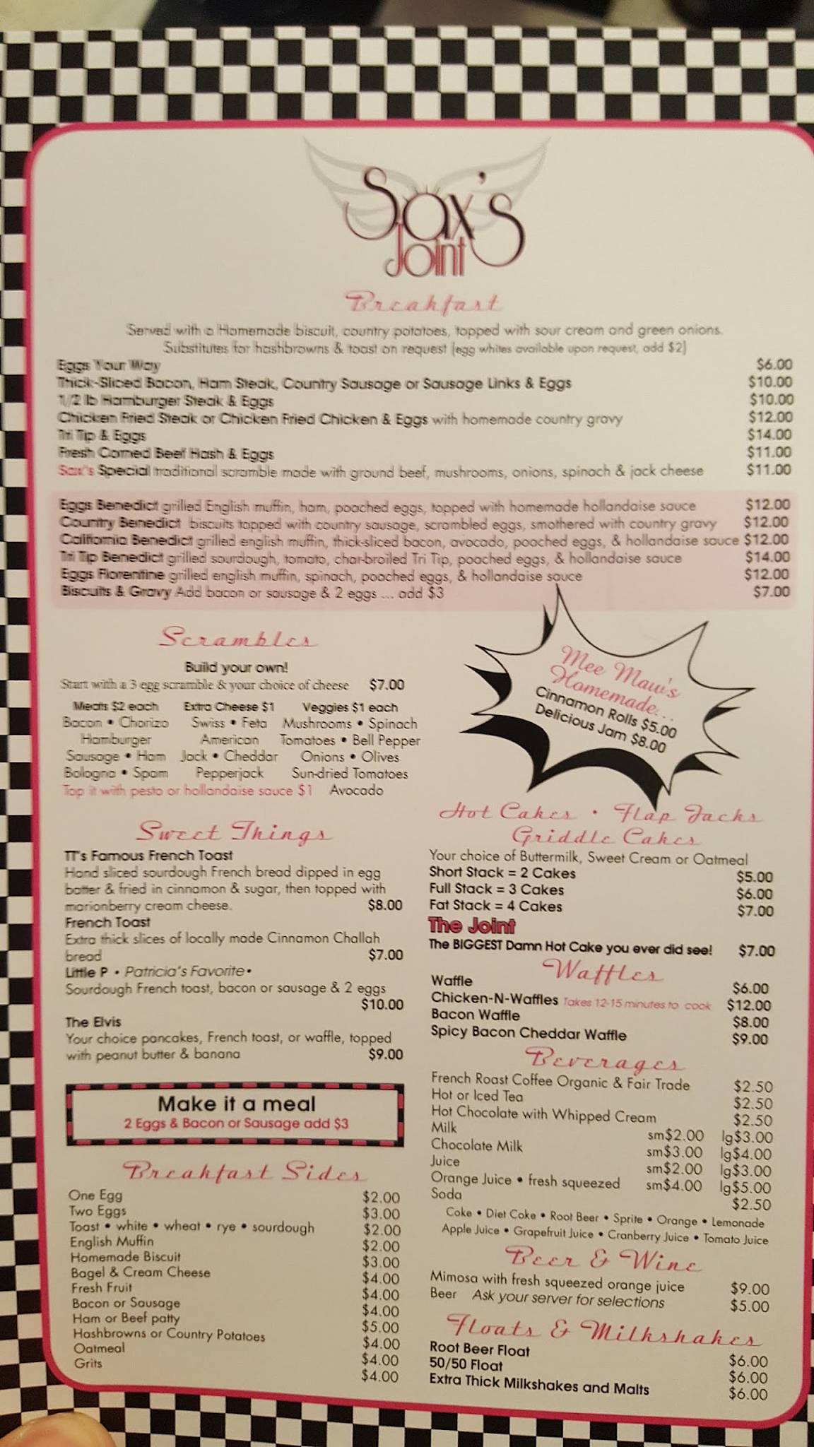 Menu at Sax's Joint restaurant, Petaluma