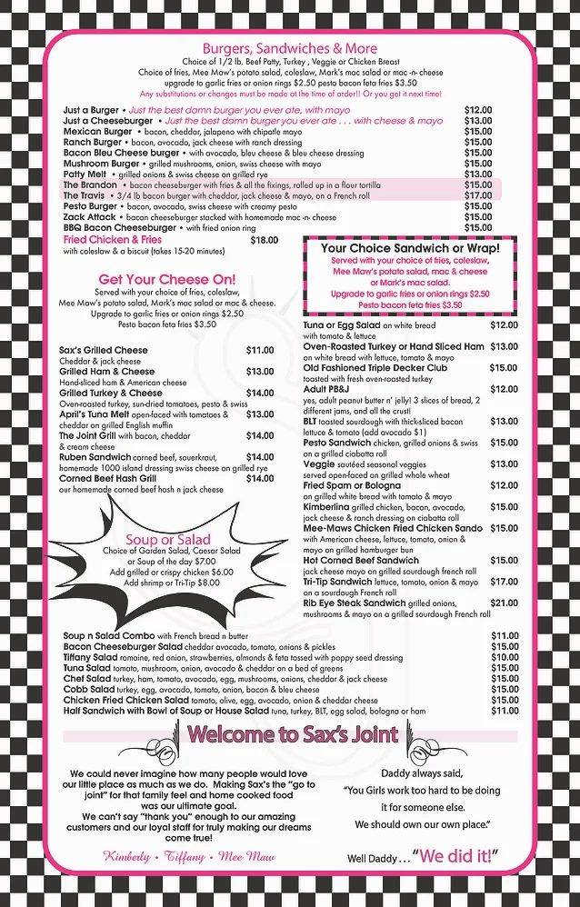 Menu at Sax's Joint restaurant, Petaluma