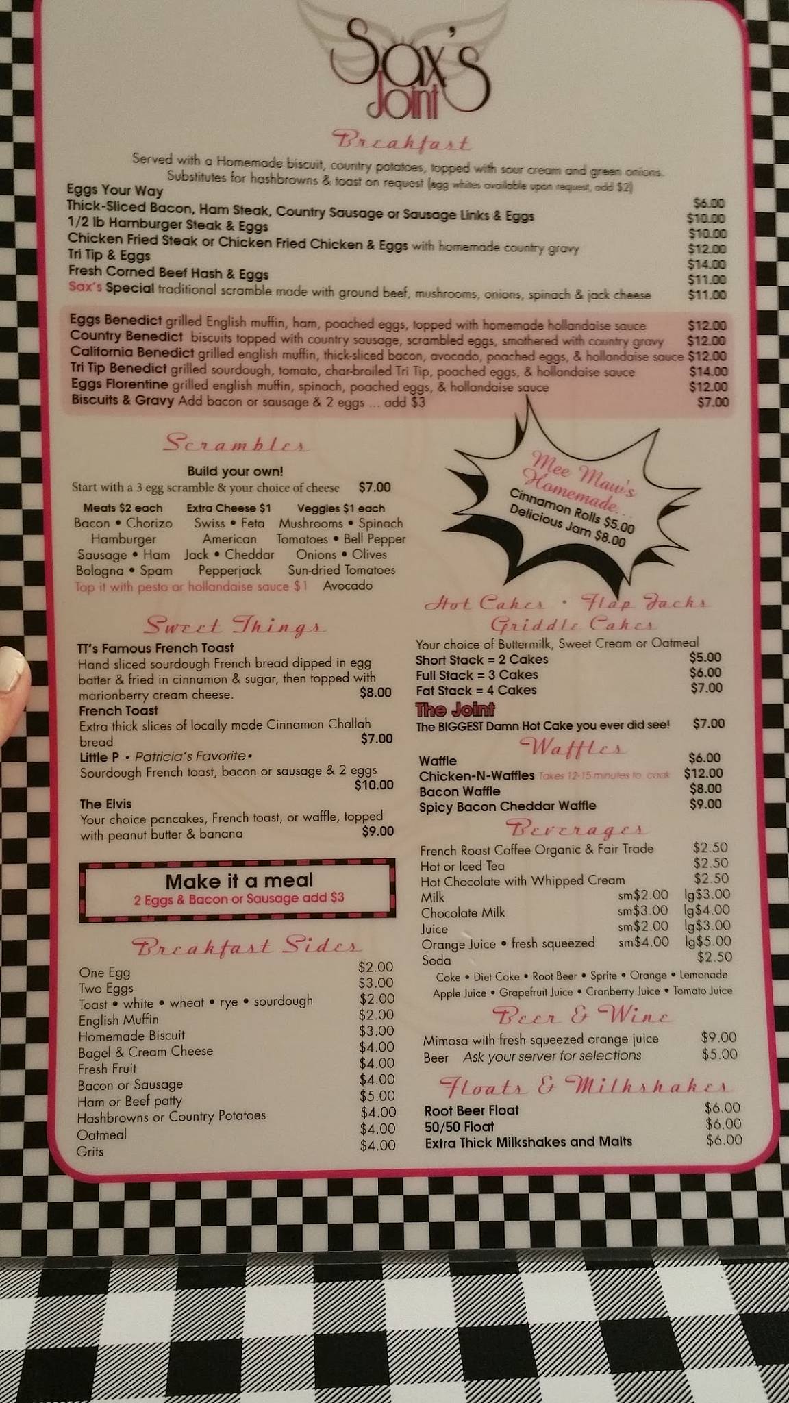 Menu at Sax's Joint restaurant, Petaluma