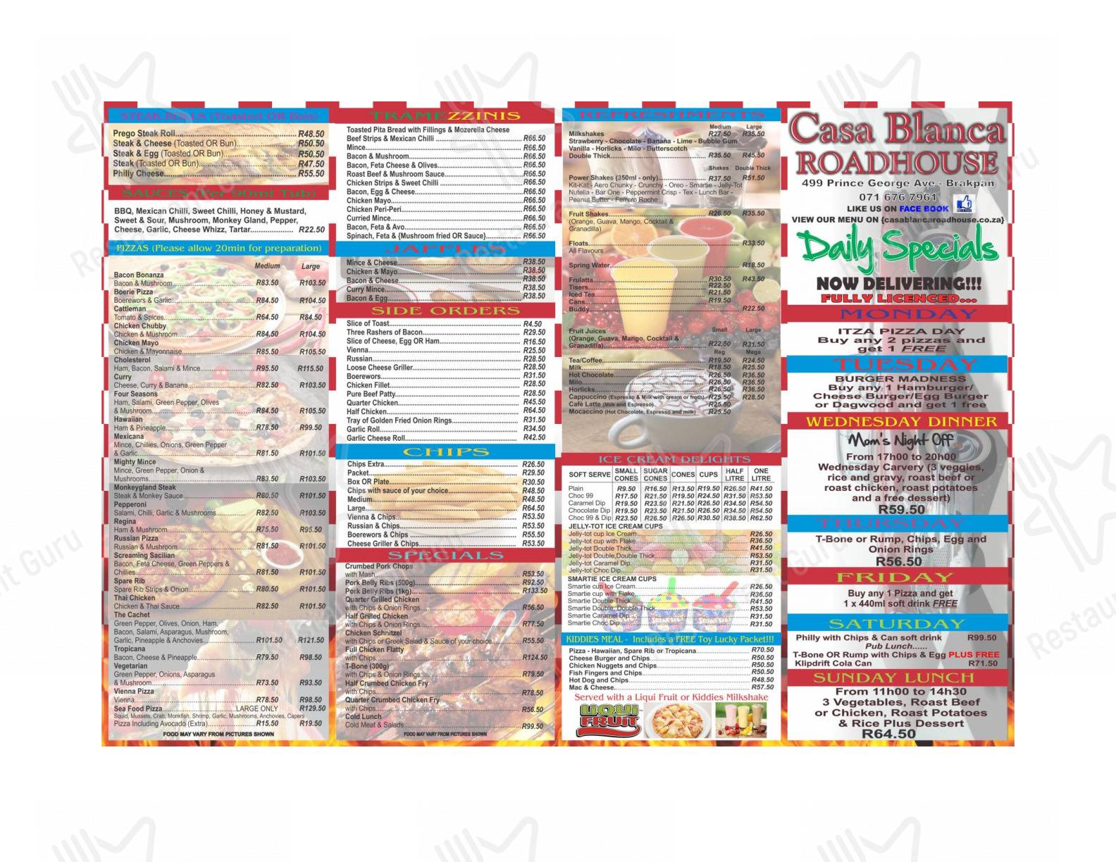 Menu at Sazbar Roadhouse Brakpan, Brakpan