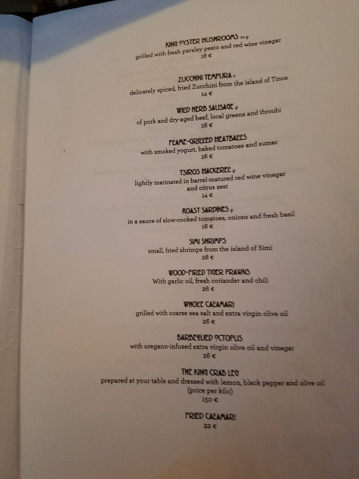 Menu at Scorpios, Mikonos