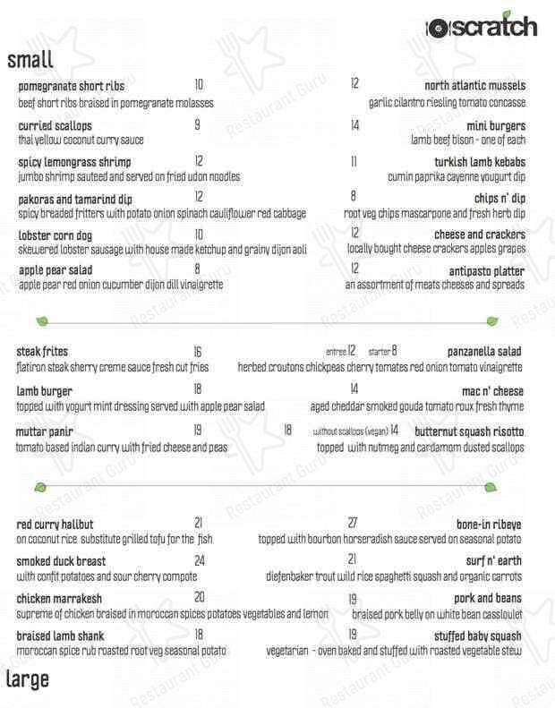Menu at Scratch, Saskatoon