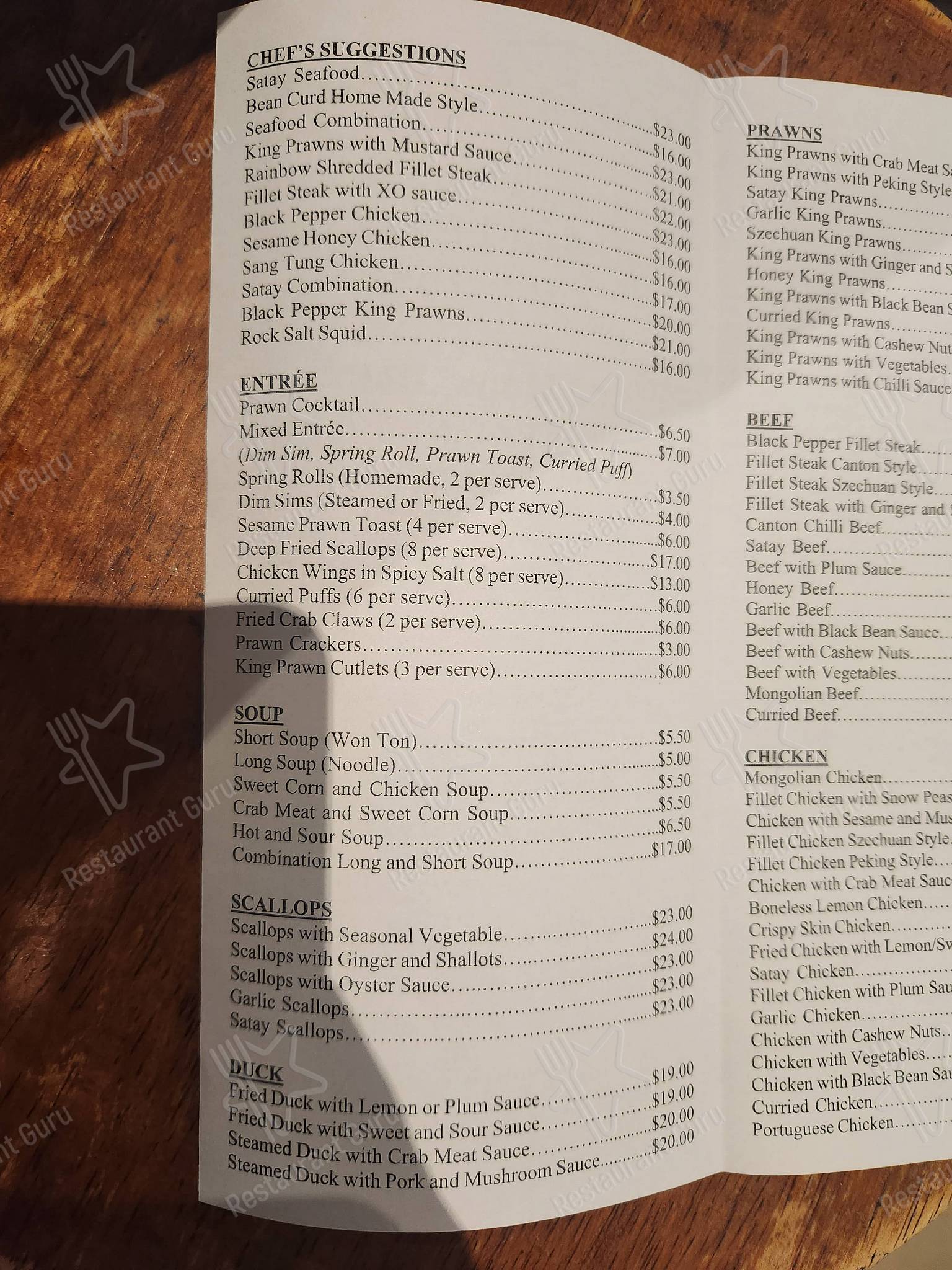 Menu at Sue's Kitchen restaurant, Scullin