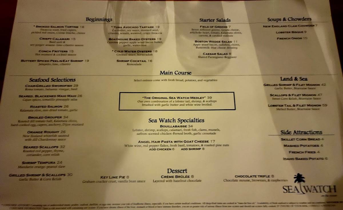 Menu at Sea Watch On the Ocean restaurant, Sea Ranch Lakes