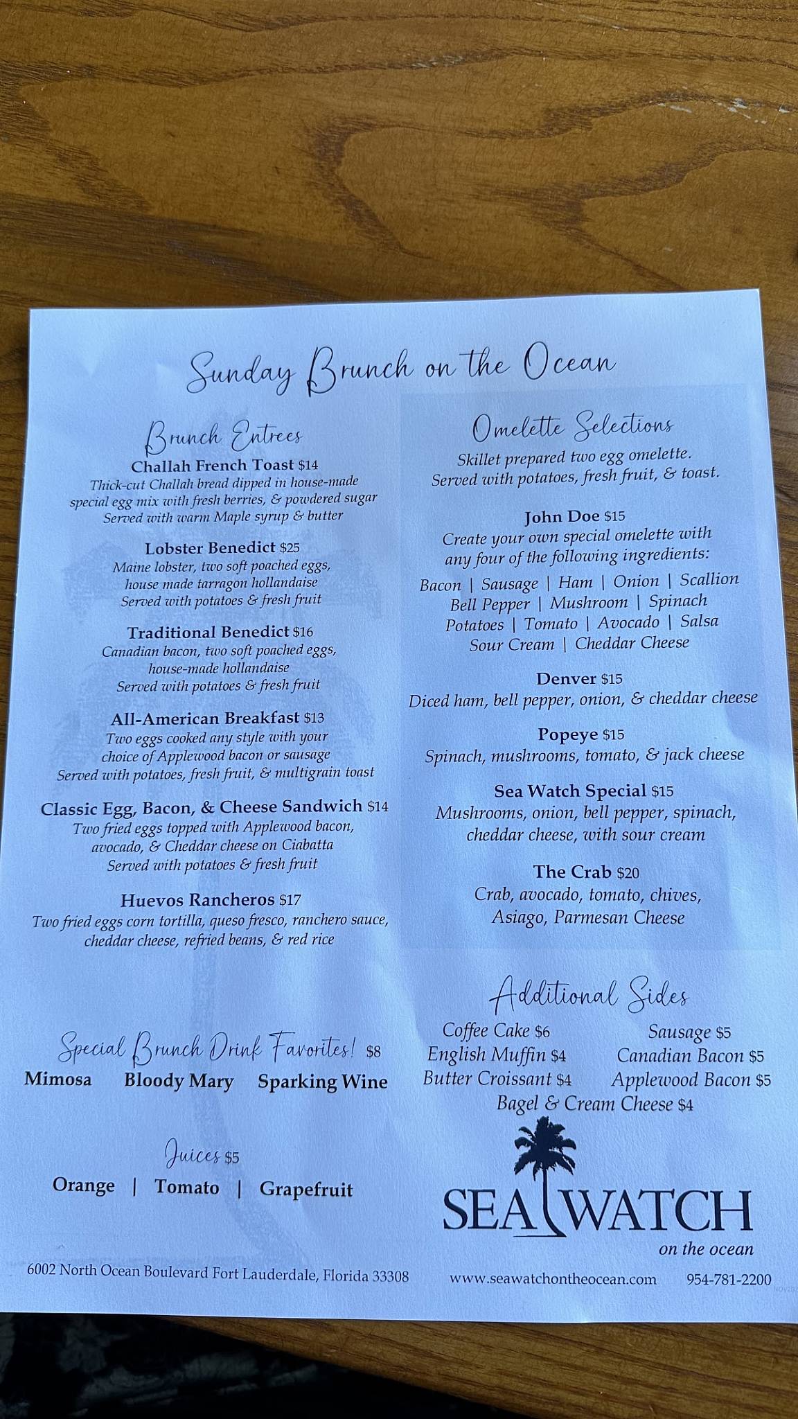 Menu at Sea Watch On the Ocean restaurant, Sea Ranch Lakes