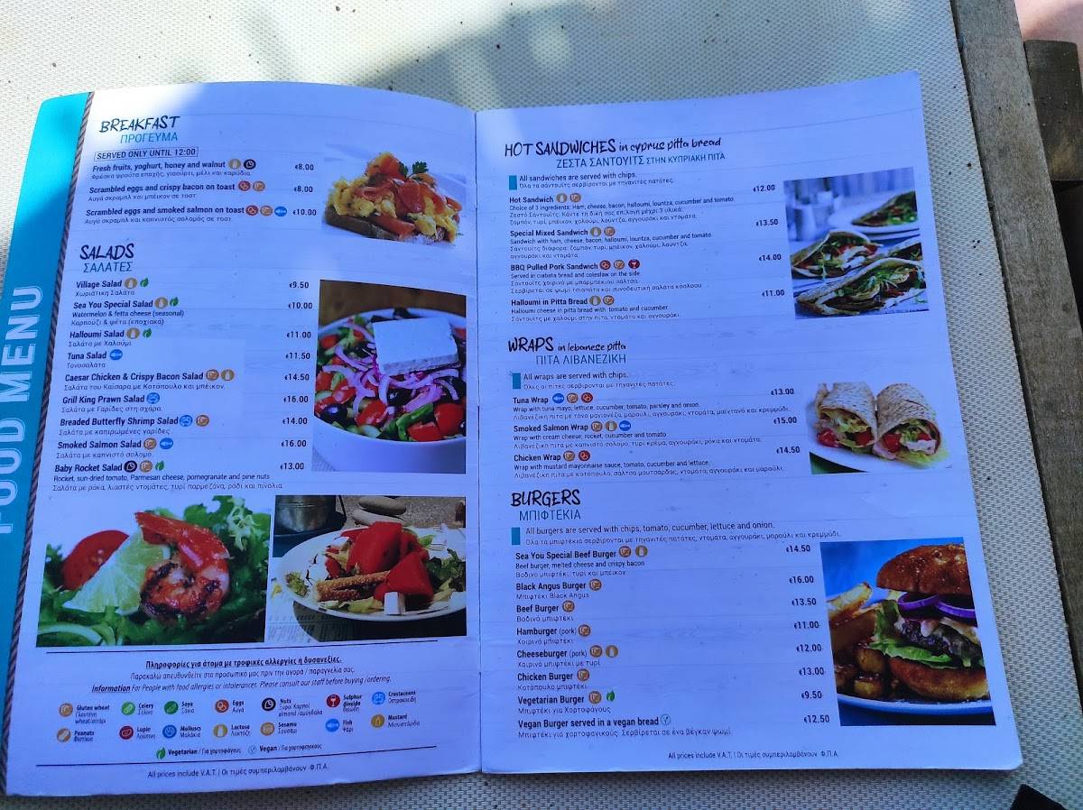Menu at Sea You Beach Bar, Kissonerga, Kissonergas