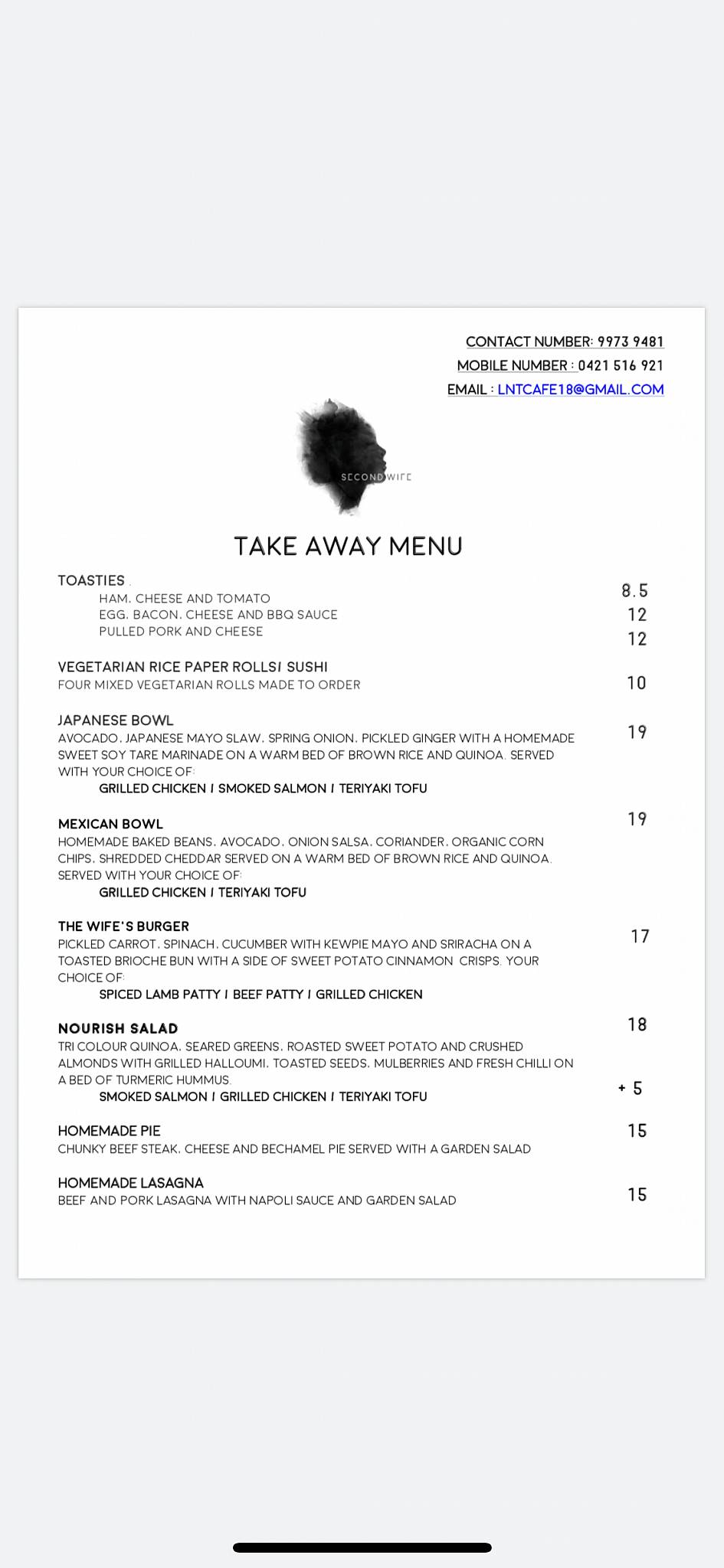 Menu at Second Wife cafe, Box Hill